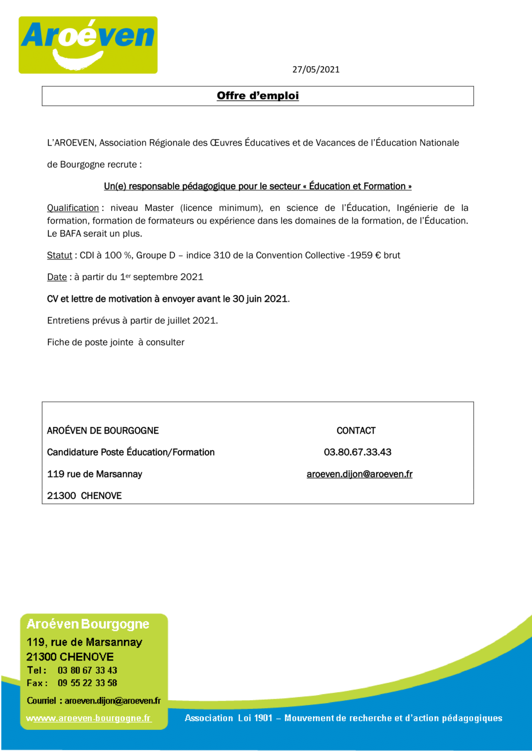 Offre d'emploi responsable pédagogique Éducation et Formation Aroéven